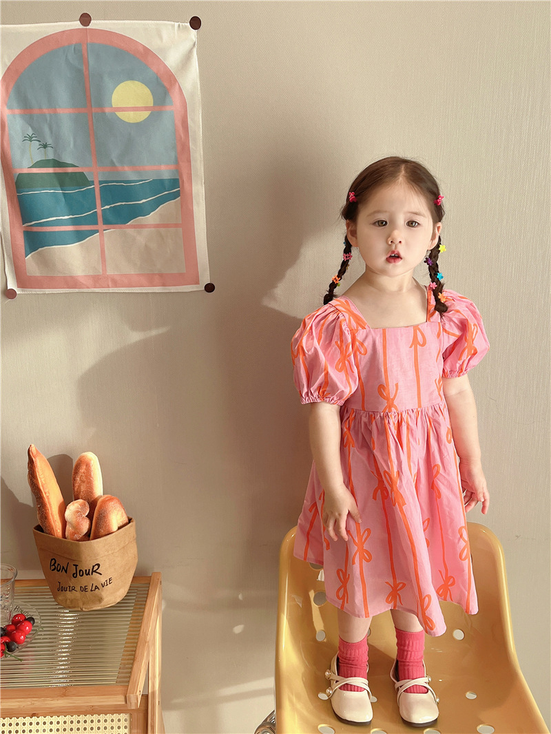2023年夏新作★子供服★女の子 リボン プリント ワンピース レトロ ベアトップ★80cm-130cm Lateru_Baby 問屋・仕入れ・卸・卸売の専門【仕入れならNETSEA】