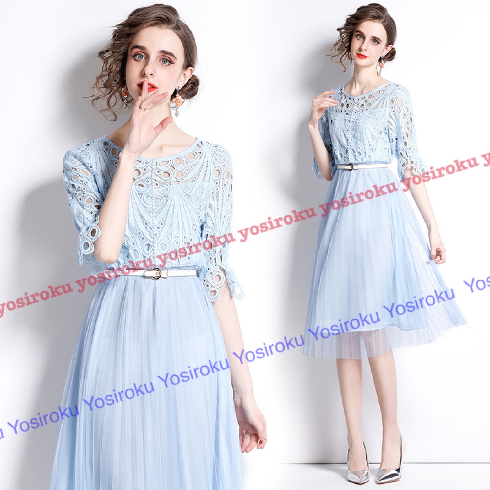 ★M～3L★通勤 パーティー 結婚式 ベルト付き レース チュール切替ドレスワンピース 嘉六国際 株式会社 問屋・仕入れ・卸・卸売の専門【仕入れならNETSEA】