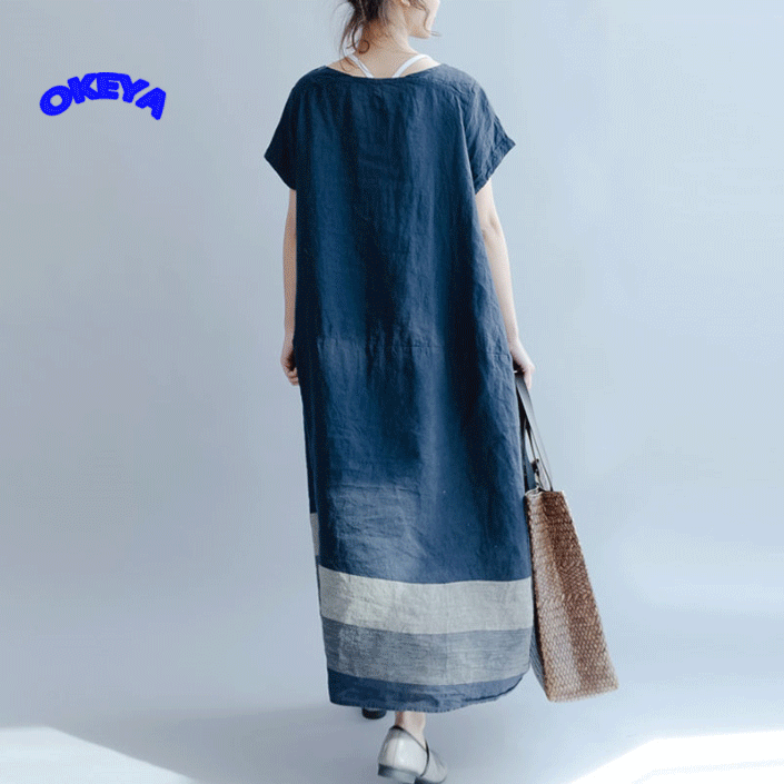 ワンピース ロングワンピース 半袖 ゆったり 2024年夏新作 レディース服 綿麻 2色展開 S#-5XL# 個人事業主 OKEYA 問屋・仕入れ・卸・卸売の専門【仕入れならNETSEA】