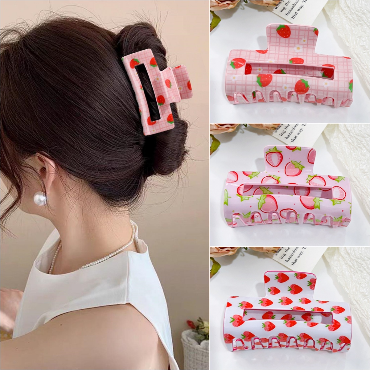 3色 いちご ヘアクリップ 大きい バンスクリップ イチゴのヘアピン いちご髪飾り 8cm | 卸売・ 問屋・仕入れの専門サイト【NETSEA】
