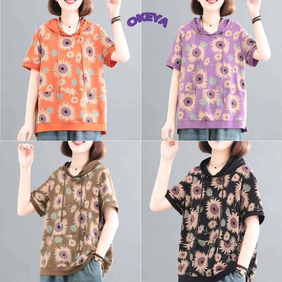 2025年夏新作 レディース トップス tシャツ 半袖 フード付き 花柄 カジュアル 4色展開 M#-3XL# | 卸売・ 問屋・仕入れの専門サイト【NETSEA】