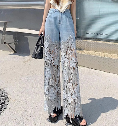 Gパン ジーパン ジーンズ 透け編み 切り替え 体型カバー 着痩せ デニム sweet系 Akuaray 問屋・仕入れ・卸・卸売の専門【仕入れならNETSEA】