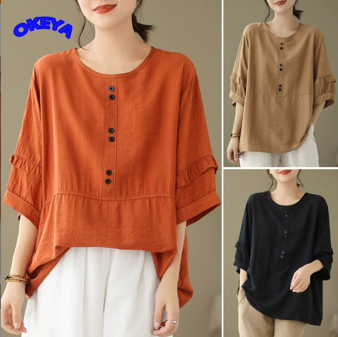2024年夏新作 レディース服 トップス シャツ ブラウス 切り替え フリル 半袖 3色展開 L#-5X 個人事業主 OKEYA 問屋・仕入れ・卸・卸売の専門【仕入れならNETSEA】
