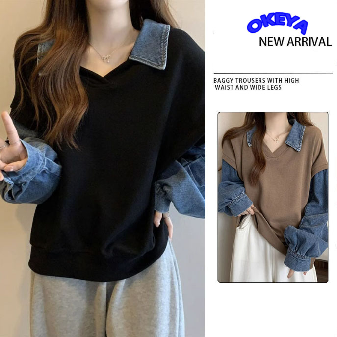 2024年秋新作 レディース服 トップス パーカー デニム 切り替え vネック polo 2色展開 L#-3XL# 個人事業主 OKEYA 問屋・仕入れ・卸・卸売の専門【仕入れならNETSEA】