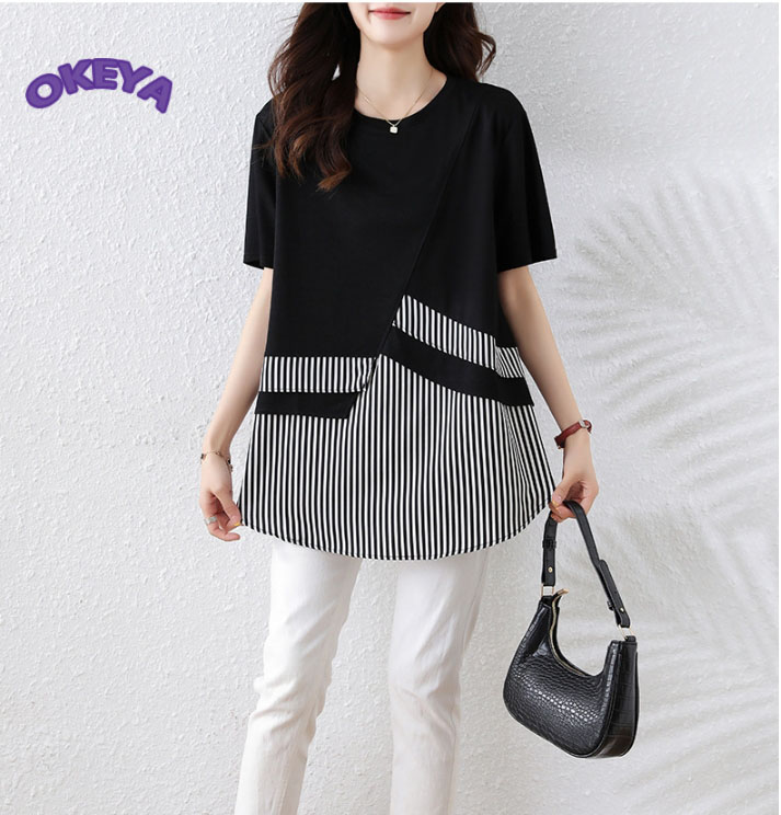 レディース服 トップス tシャツ 半袖 韓国風 ゆったり ストライプ 切り替え 2025年夏新作 L#-5XL# | 卸売・ 問屋・仕入れの専門サイト【NETSEA】