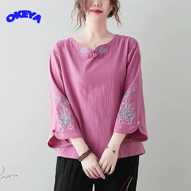 2024年春秋新作 レディース服 トップス tシャツ 七分袖 刺繍 綿麻製 中華風 3色展開 M#-4XL# 個人事業主 OKEYA 問屋・仕入れ・卸・卸売の専門【仕入れならNETSEA】