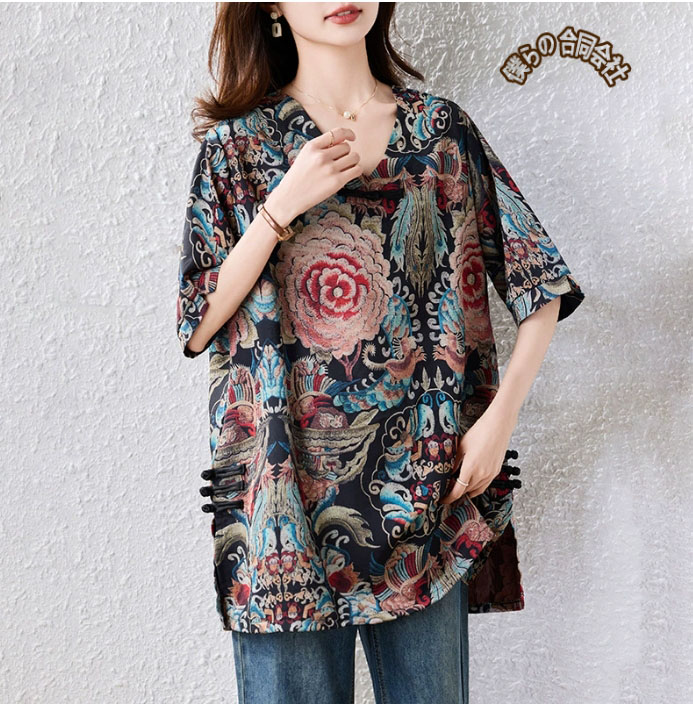 2025年INS夏新作 レディース服 プリント vネック トップス ゆったり カジュアル 民族風 L#-5XL# | 卸売・ 問屋・仕入れの専門サイト【NETSEA】
