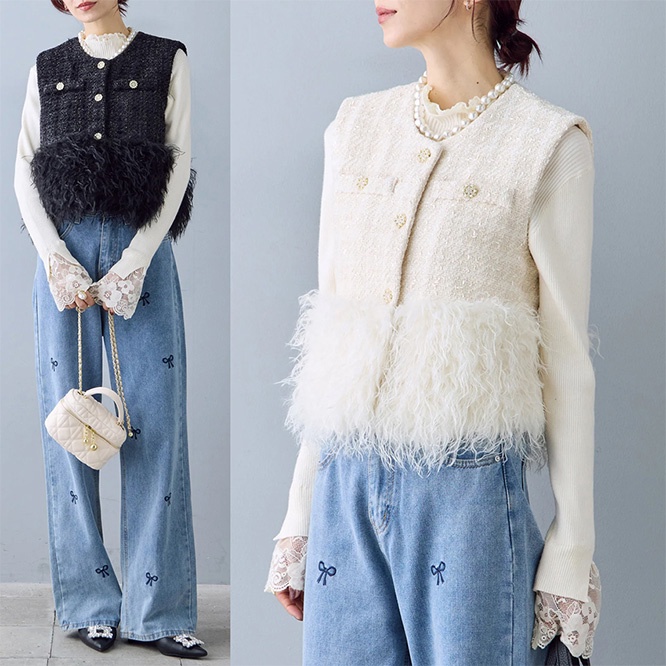 ANJIL☆2024秋冬おしゃれ構築感！もふもふベスト贅沢型ボタン＆リボン柄デニムパンツ | 卸売・ 問屋・仕入れの専門サイト【NETSEA】