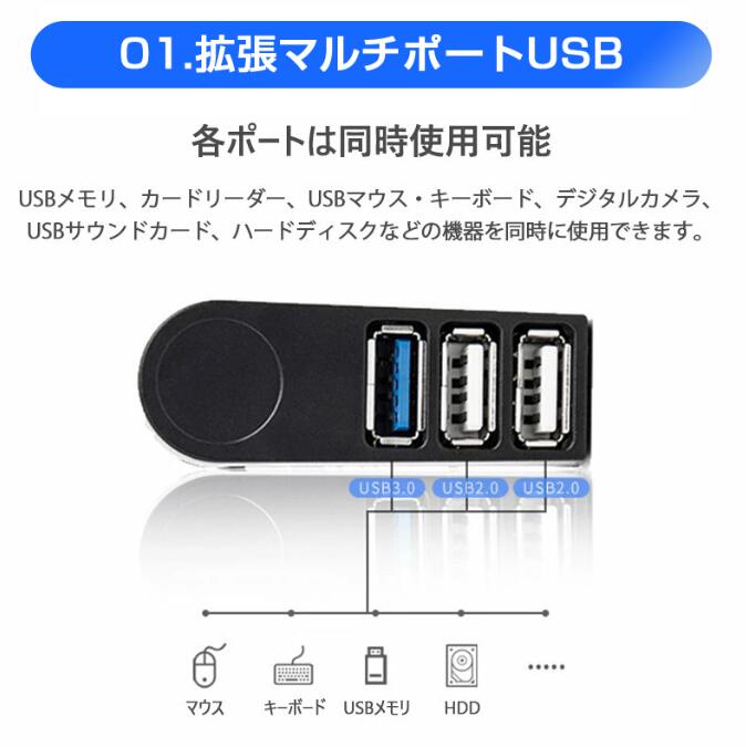 3in1 USBハブ 3ポート USBハブ 3.0 2.0 270°回転可 直挿し USB 3in1 USBハブ 3ポート USBハブ 3.0 2.0 270°回転可 直挿し USB