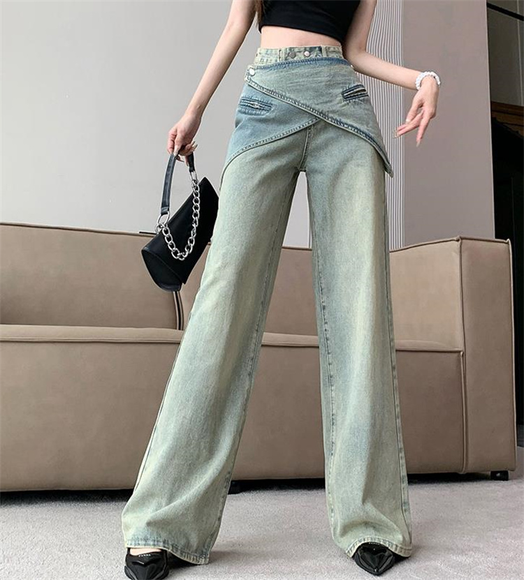 楽しておしゃれ ジーンズ ゆったり ストレート デニムパンツ フェイク2ピース ハイウエスト ワイドパンツ 株式会社 SevenLy 問屋 ...