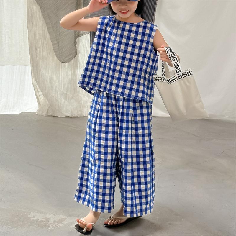春夏 韓国風子供服 キッズ ガール チェック柄 上下セット ワイドパンツ シャツ上着+ズボン 90-150 | 卸売・ 問屋・仕入れの専門サイト【NETSEA】
