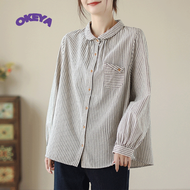 レディース服 トップス シャツ 長袖 ブラウス ストライプ 綿麻 韓国風 ゆったり M#-2XL# | 卸売・ 問屋・仕入れの専門サイト【NETSEA】