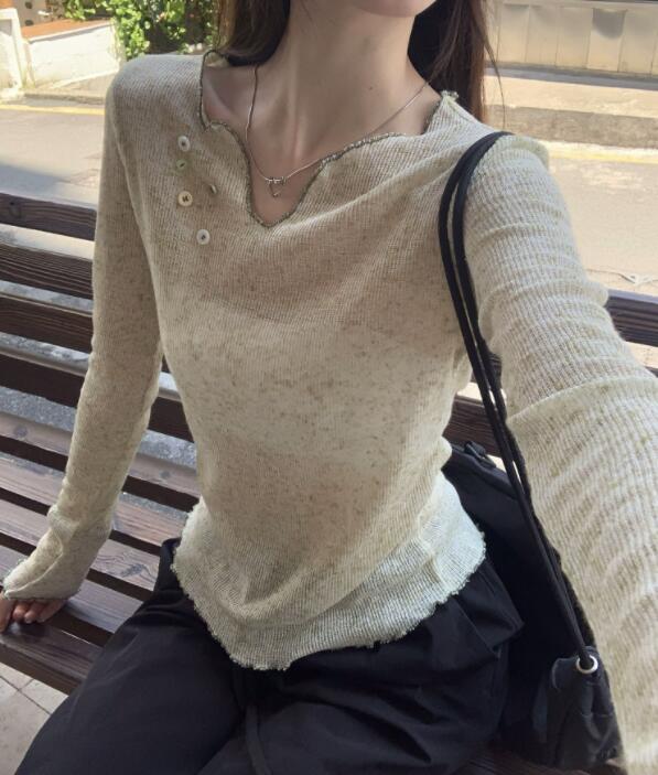 Tシャツ 長袖 薄手 Vネック フリル シースルー 紫外線カットレディーストップス | 卸売・ 問屋・仕入れの専門サイト【NETSEA】